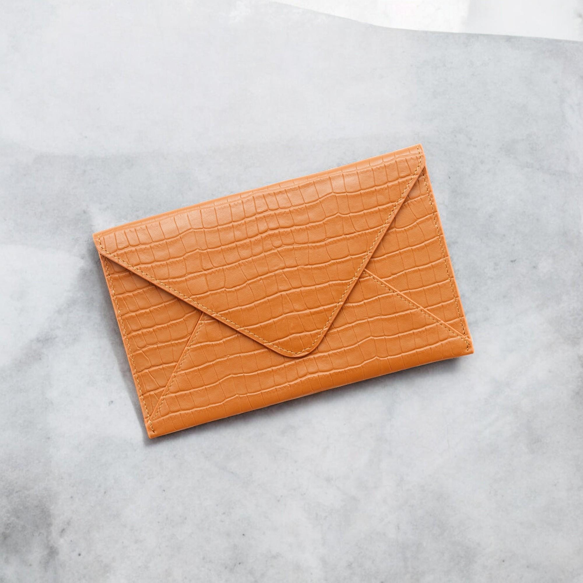 Personalized Leather Envelope Wallet, Croc Print, Monogrammed Card ...