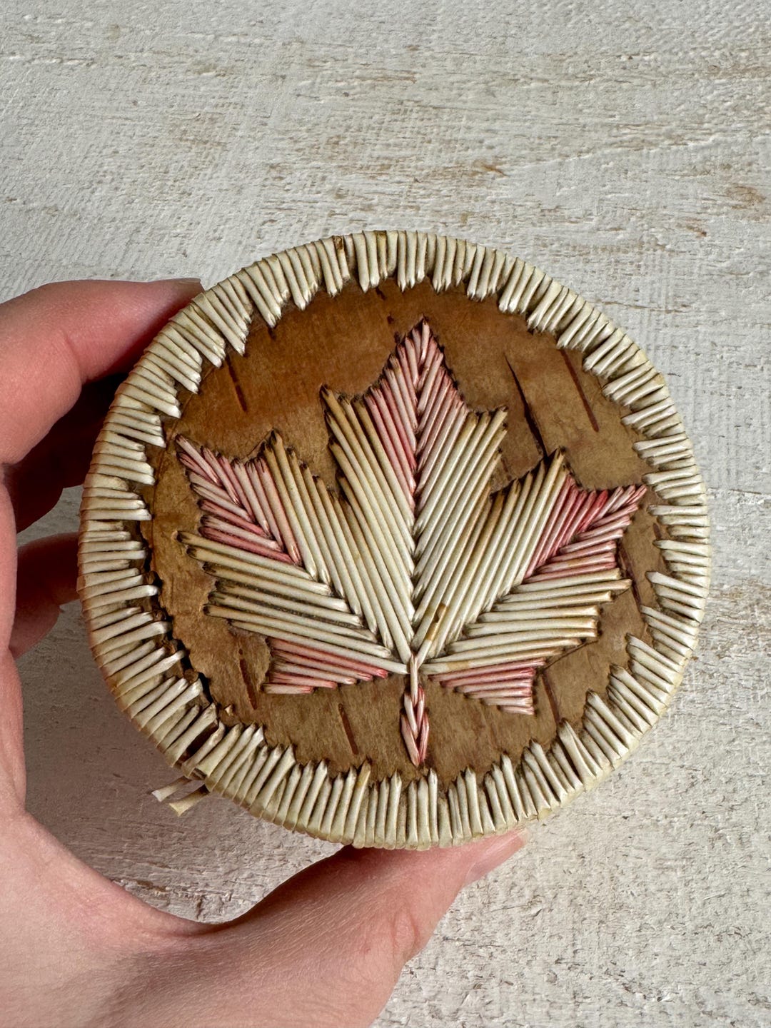 Vintage Porcupine Quill Box With Maple Leaf Design - Birchbark, Quill ...