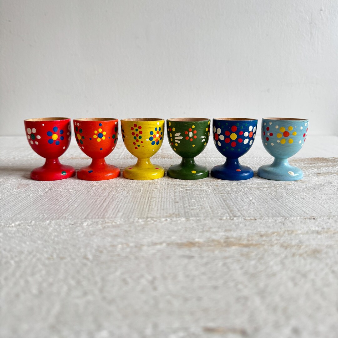 Set of Six Vintage Wooden Hand Painted Egg Cups - Rainbow Painted Mid ...