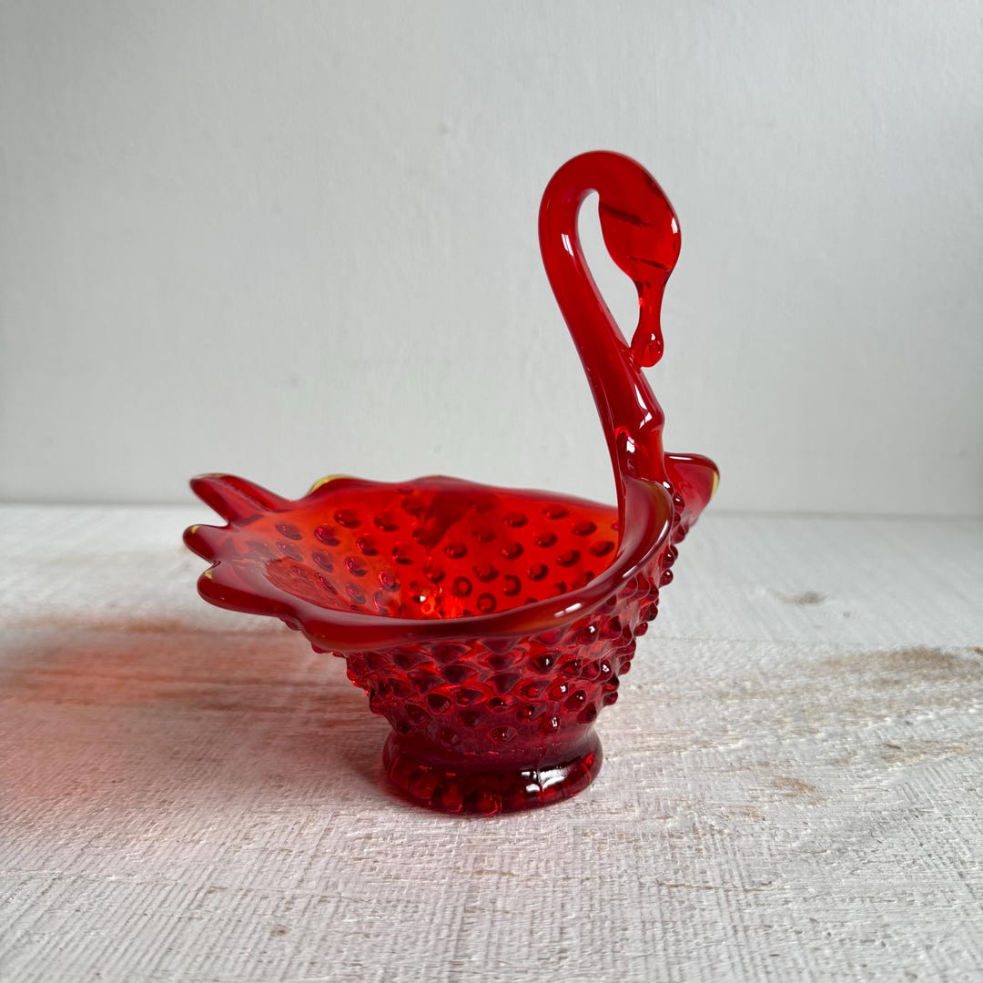 Vintage Hobnail Swan Glass Bowl Unique Red Glass Swan Centerpiece ...