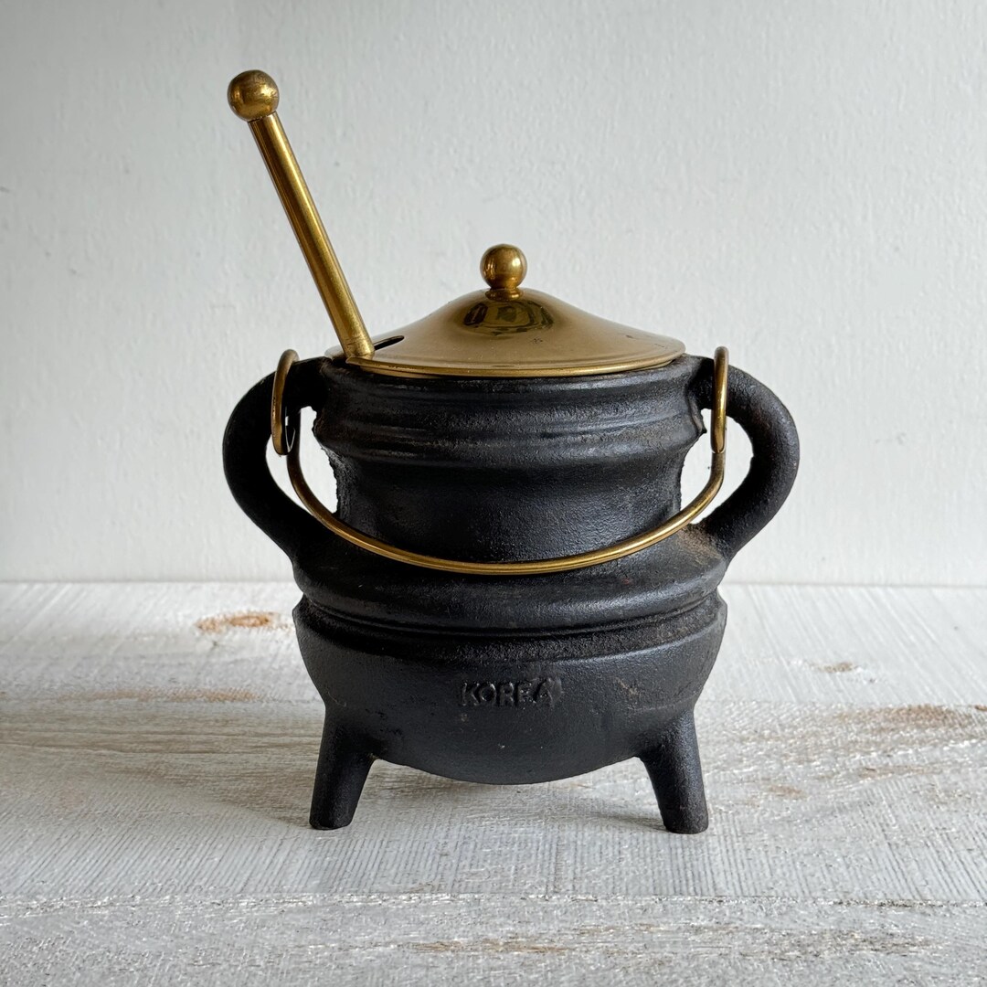 Vintage Cast Iron and Brass Smudge Pot - Fireplace Hearth Fire Lighter ...
