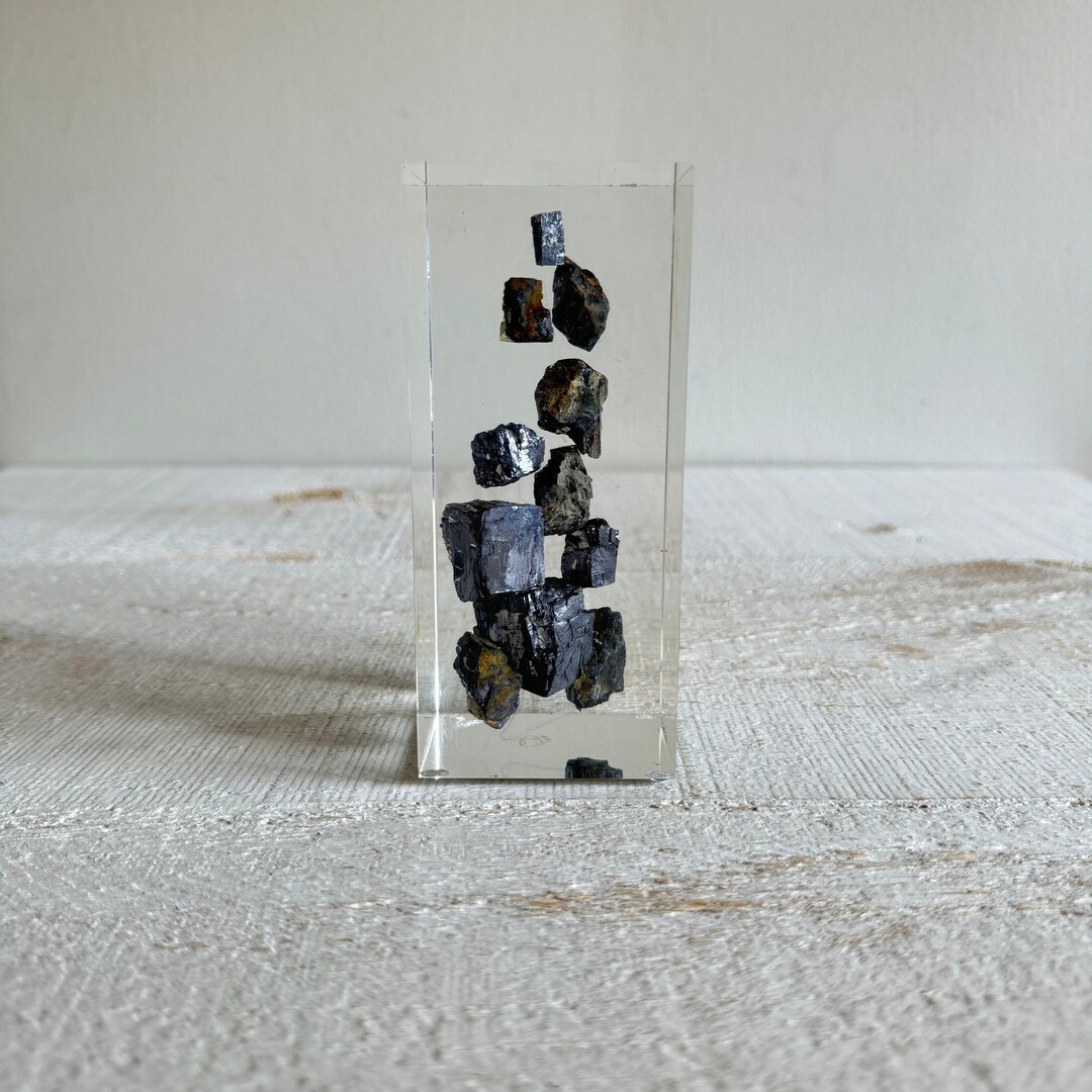 Large Vintage Lucite Acrylic Paperweight Decor With Shiny Black/gray ...