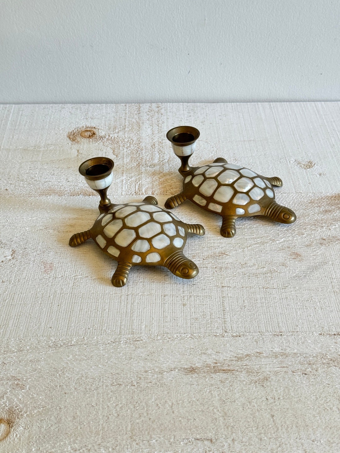 Vintage Unique Turtle Brass and Shell Candlestick Holders Set of Two ...