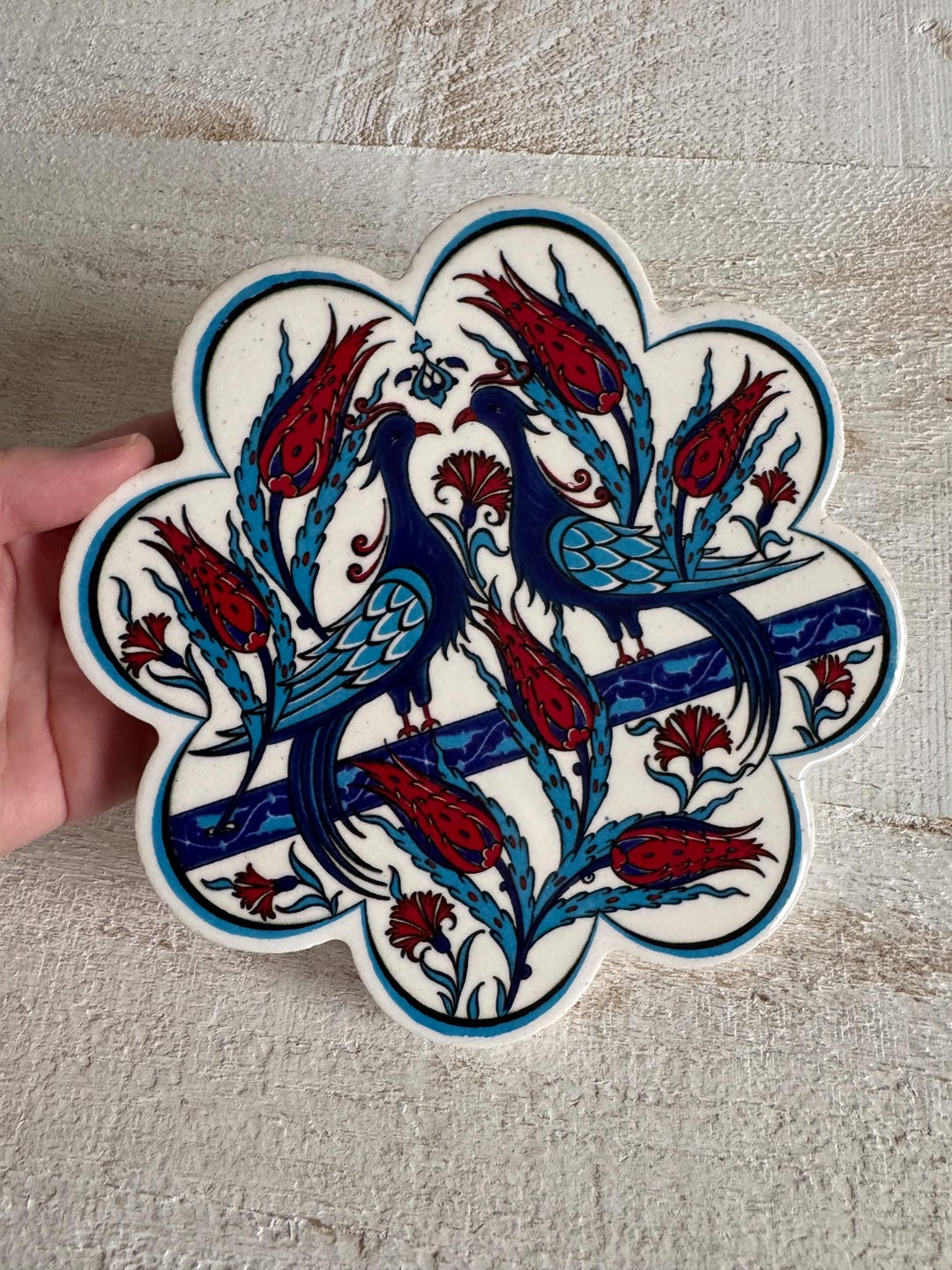 Colourful Ceramic Tile With Blue and Red Bird Pattern and Rounded ...