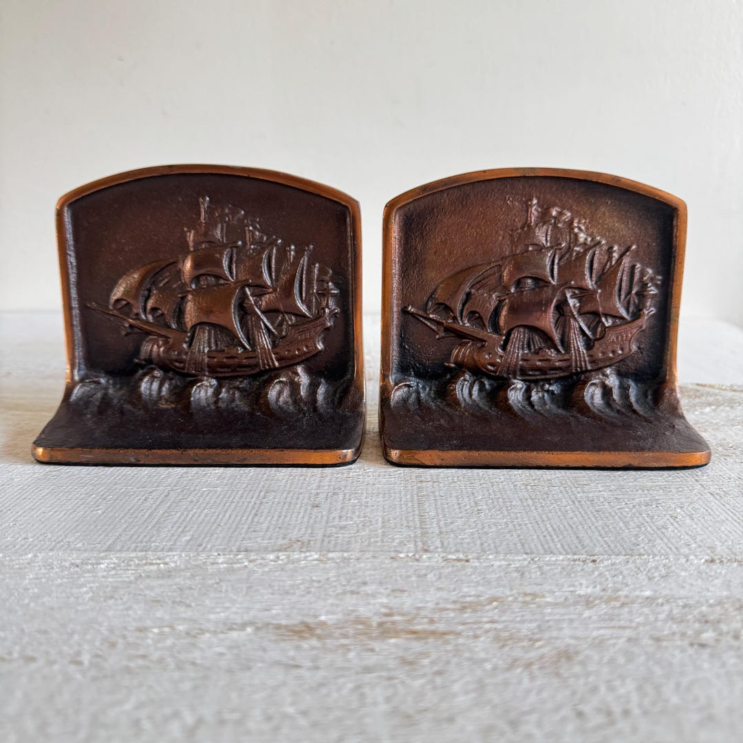 Vintage Metal Ship Bookend Set - Sailing Ship Galleon Bookends ...