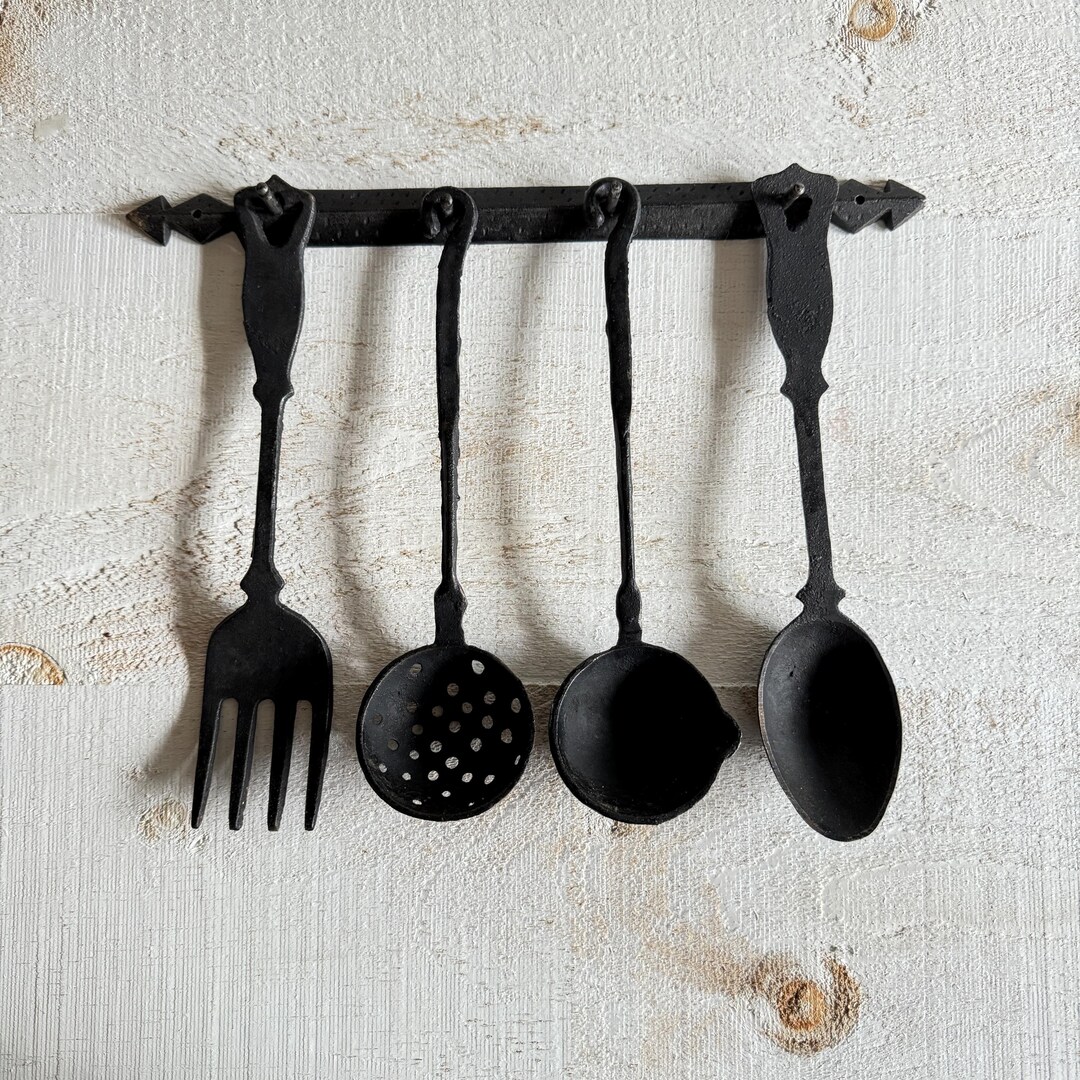 Vintage Black Cast Metal Hanging Kitchen Utensils on Rack - Kitchen ...
