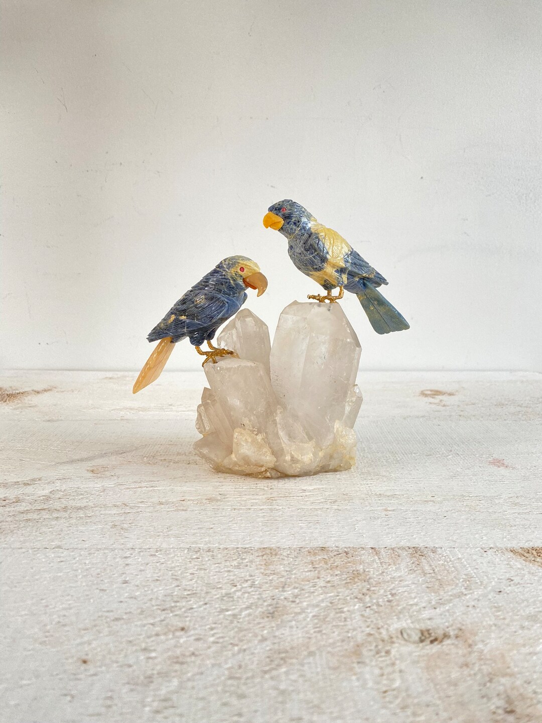 Carved Gemstone Parrot Bird Sculpture on Quartz Crystal Sculpture Birds ...