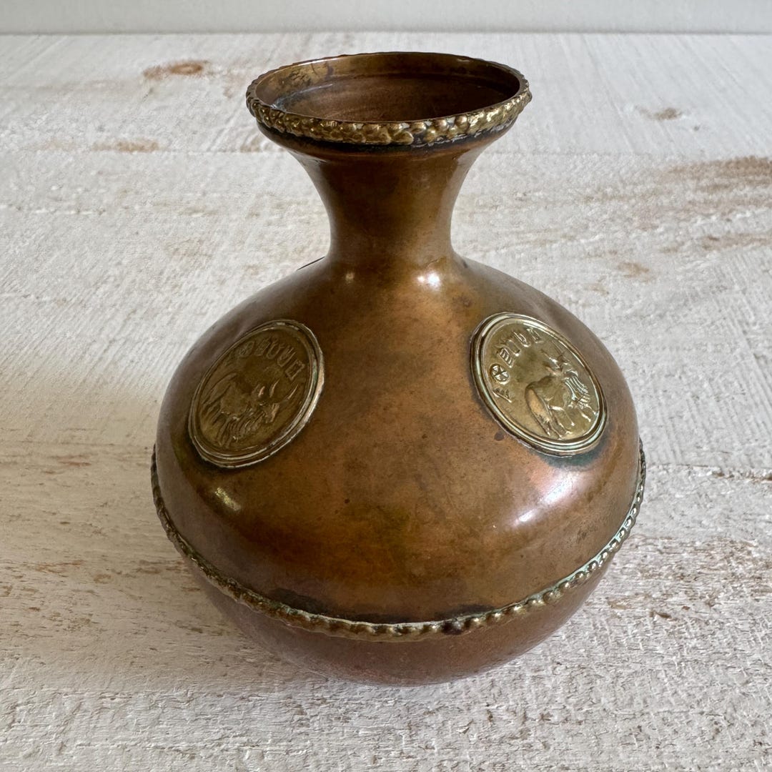 Vintage Small Copper and Brass Bud Vase With Bull Medallions Added ...