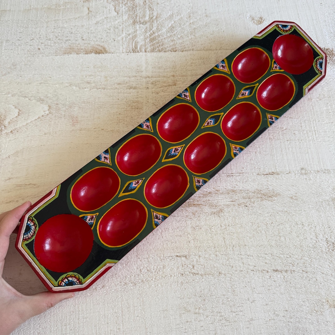 Vintage Large Hand Painted and Carved Wood Mancala Board Game - Made in ...