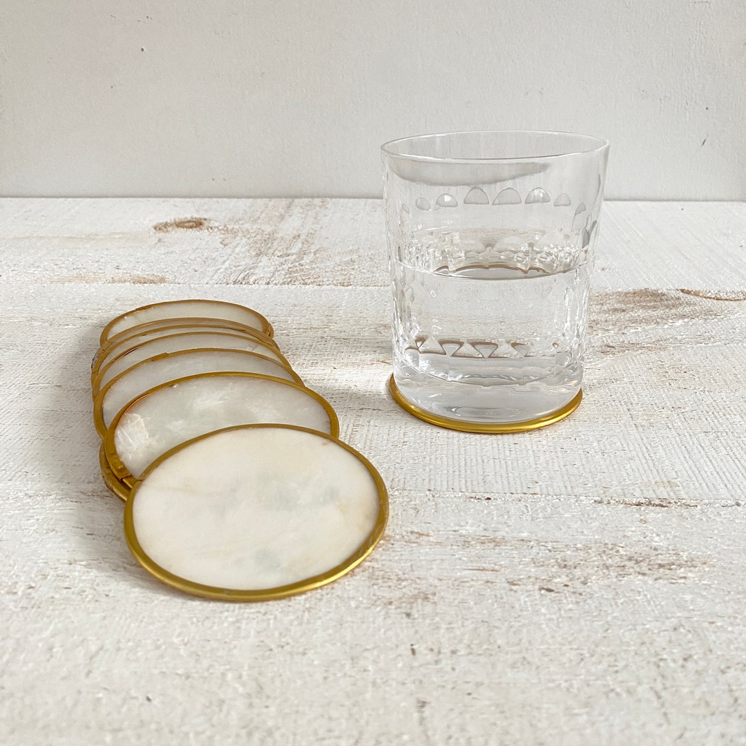 Set of 11 Vintage White Capiz Shell Round Coasters With Gold Tone Trim ...