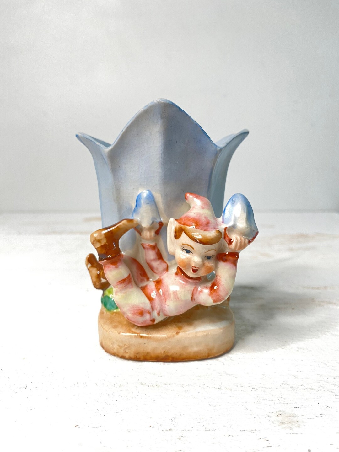 Vintage Cheeky Garden Pixie Elf With Blue Flower Vase - Etsy