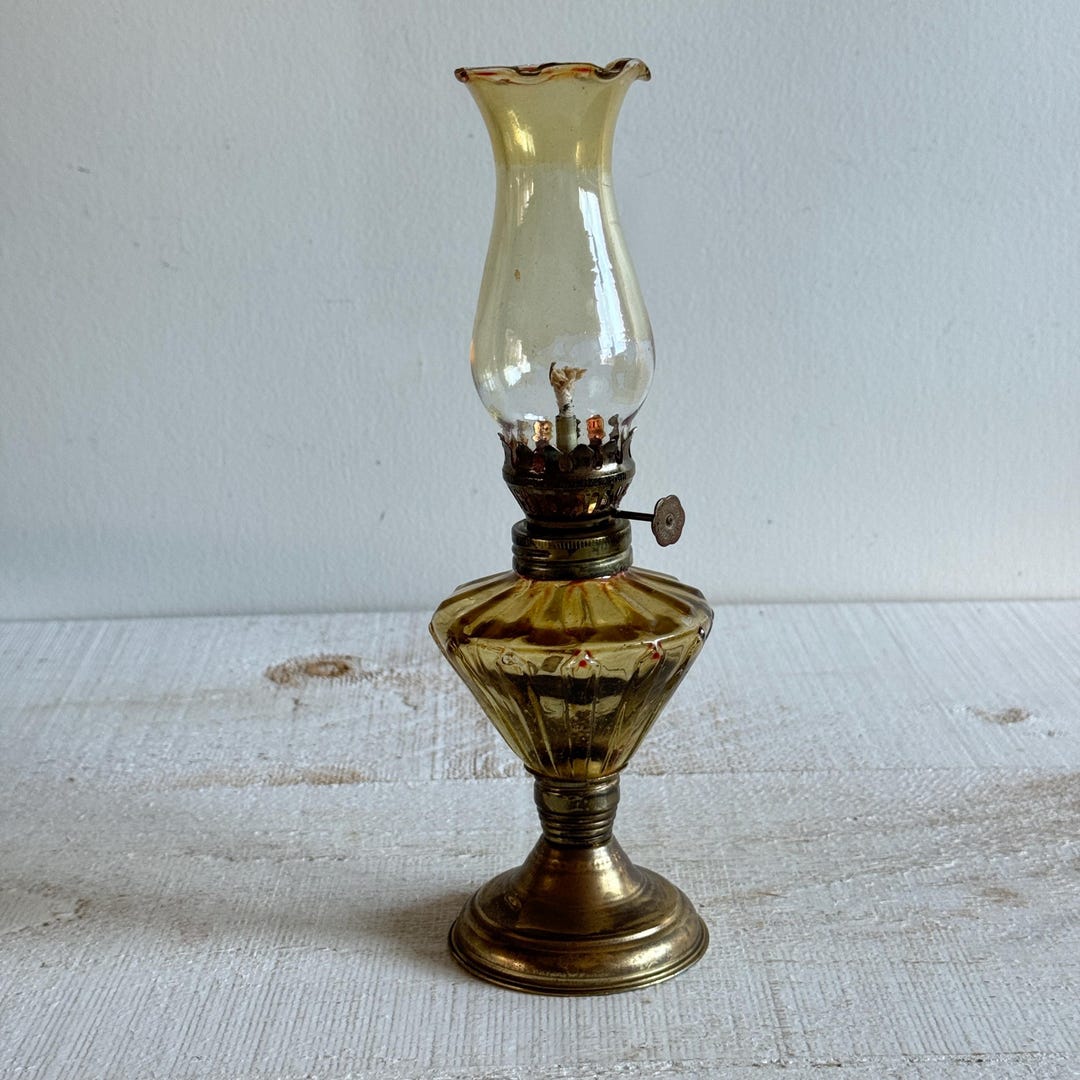 Vintage Small Glass Oil Lamp With Glass Hurricane Shade Vintage Oil ...
