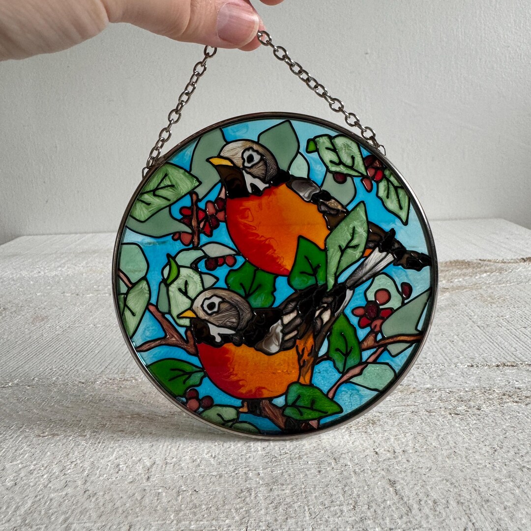 Vintage Painted Sun Catcher With Robins, Berries and Leaves Faux ...