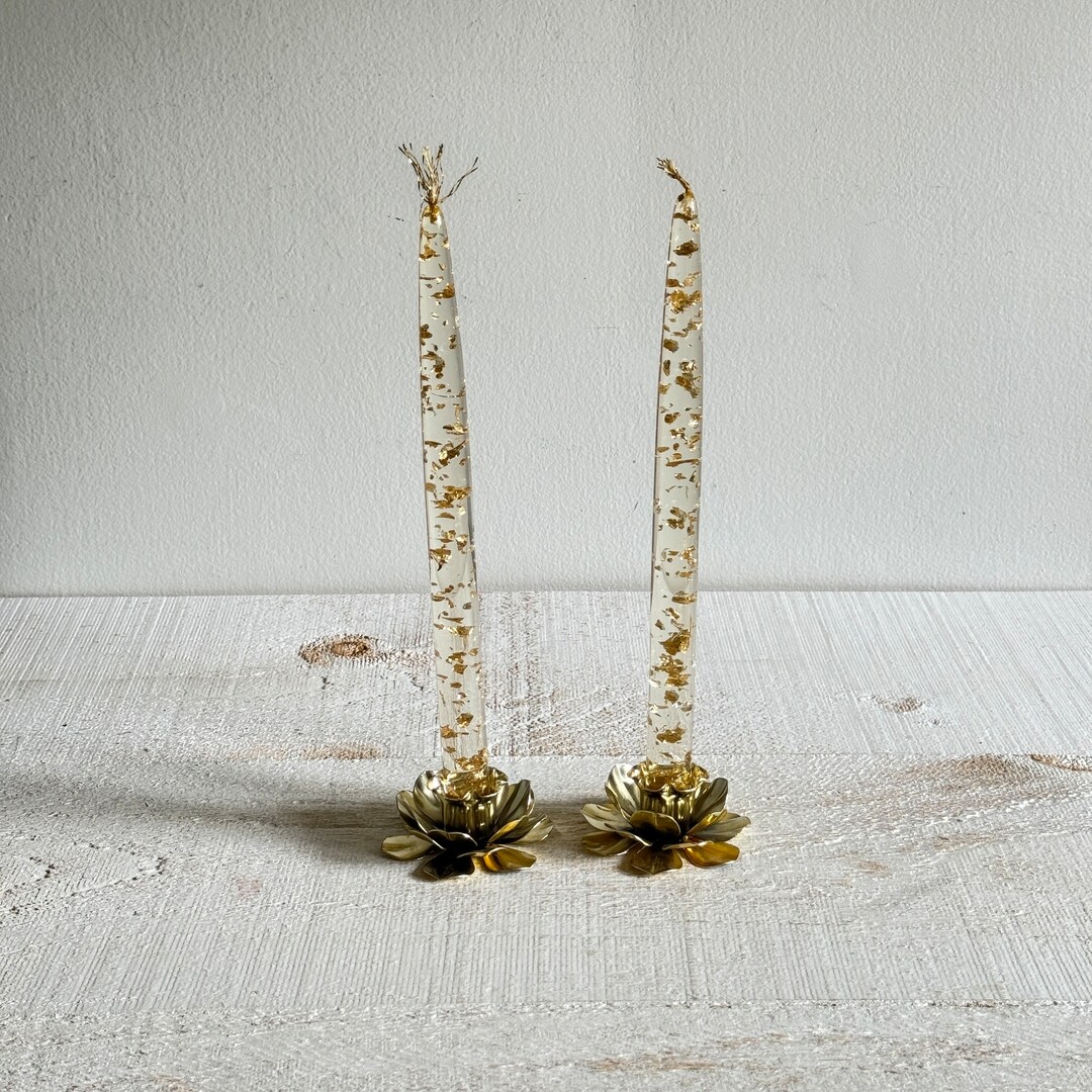 Set of Two Vintage Clear Lucite Candles With Gold Flecks and Metal ...