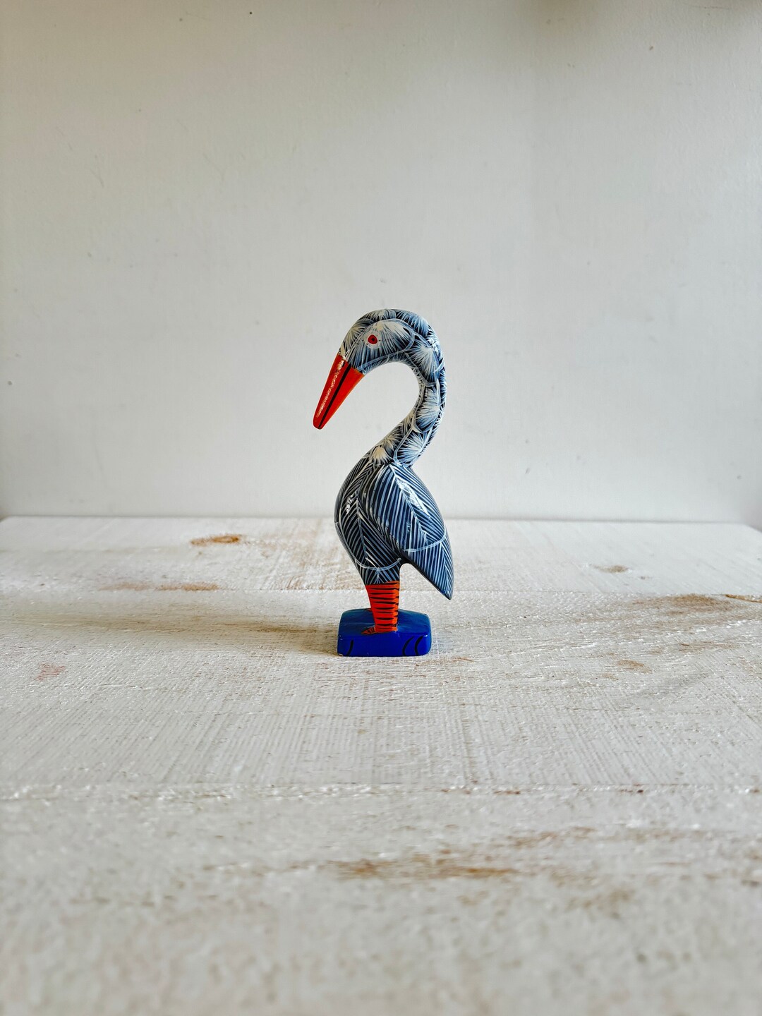 Hand Painted Blue and White Stork Figurine - Wood Carved Bird Decor ...