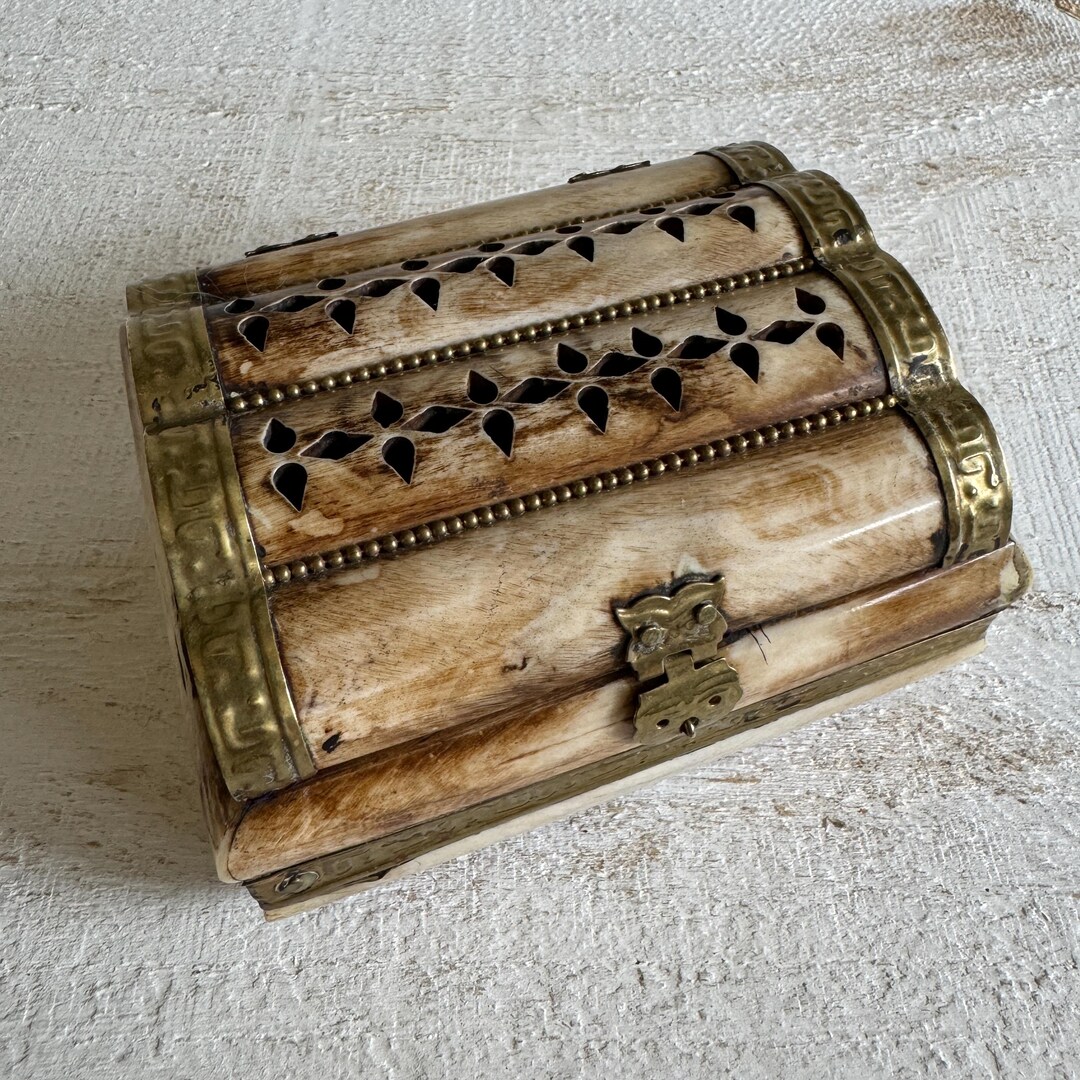 Vintage Bone Box With Brass Accents and Felted Lining - Unique Carved ...
