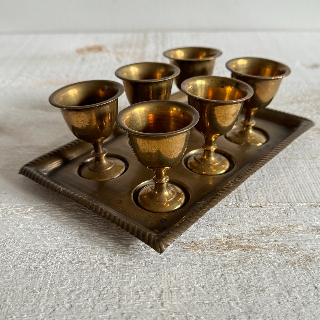 Vintage Brass Set of 6 Mini Goblets Shot Glasses With Tray Made in ...