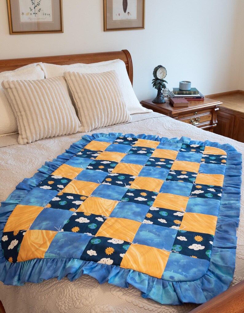 Earth and Sun Baby Quilt, Handmade and Hand-tied With Ruffle Edge ...