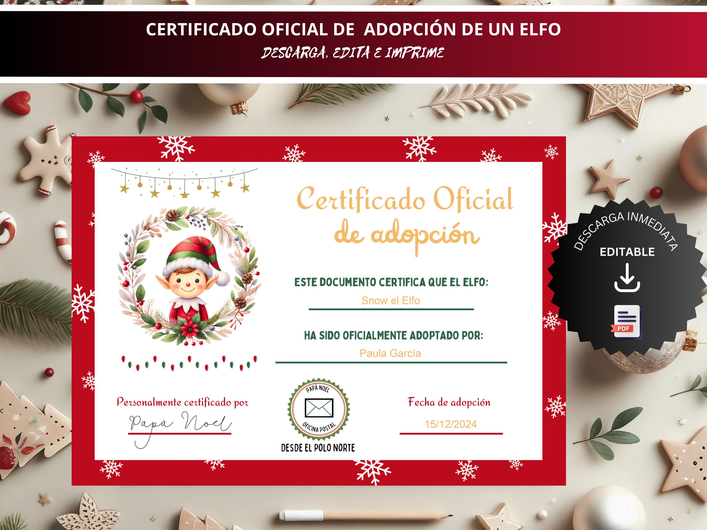 Certificado De Adopción De Un Elfo Editable En Español, Plantilla De Adopción De Elfo, Descarga ...