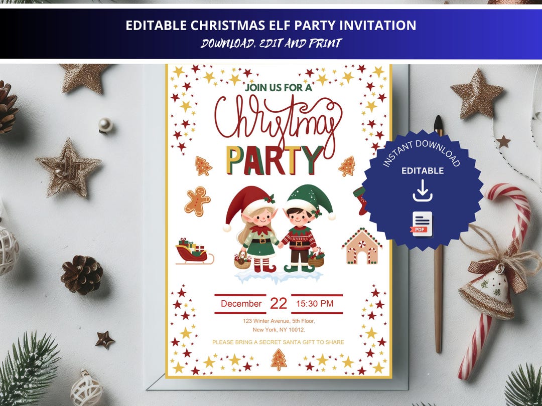 Editable Christmas Elf Party Invitation, Holiday Party Invitation ...