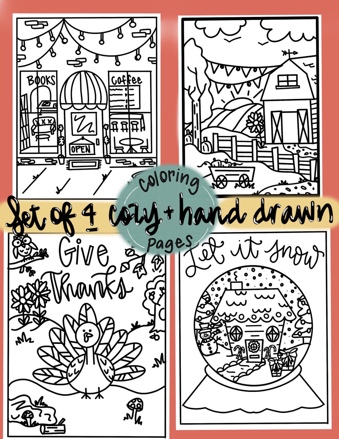 Set of 4 Cozy Coloring Pages for Fall, Cozy Coloring Pages, Calming ...