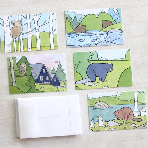 Small Gift Note Cards Summer Woodland Animals Set | Etsy