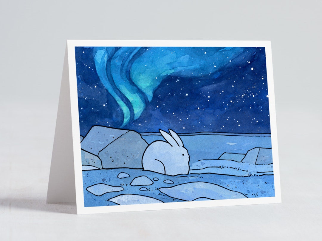 Snowshoe Hare and Northern Lights Card Illustrated Winter Stationery - Etsy