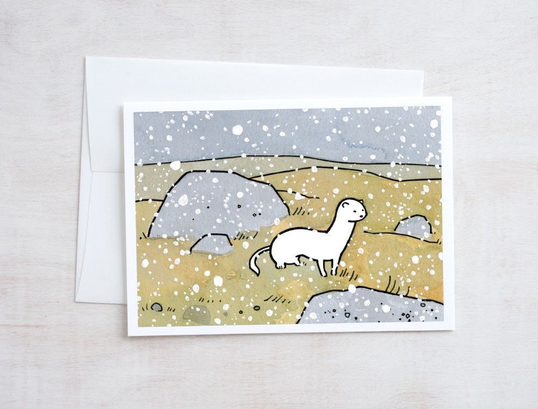 White Weasel Holiday Card Ermine in Snow Cute Animal Christmas Card - Etsy