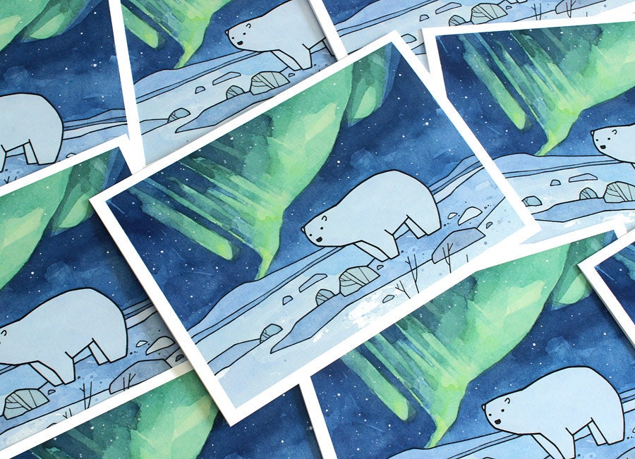 Polar Bear and Northern Lights Card Set Christmas Holiday Stationery - Etsy
