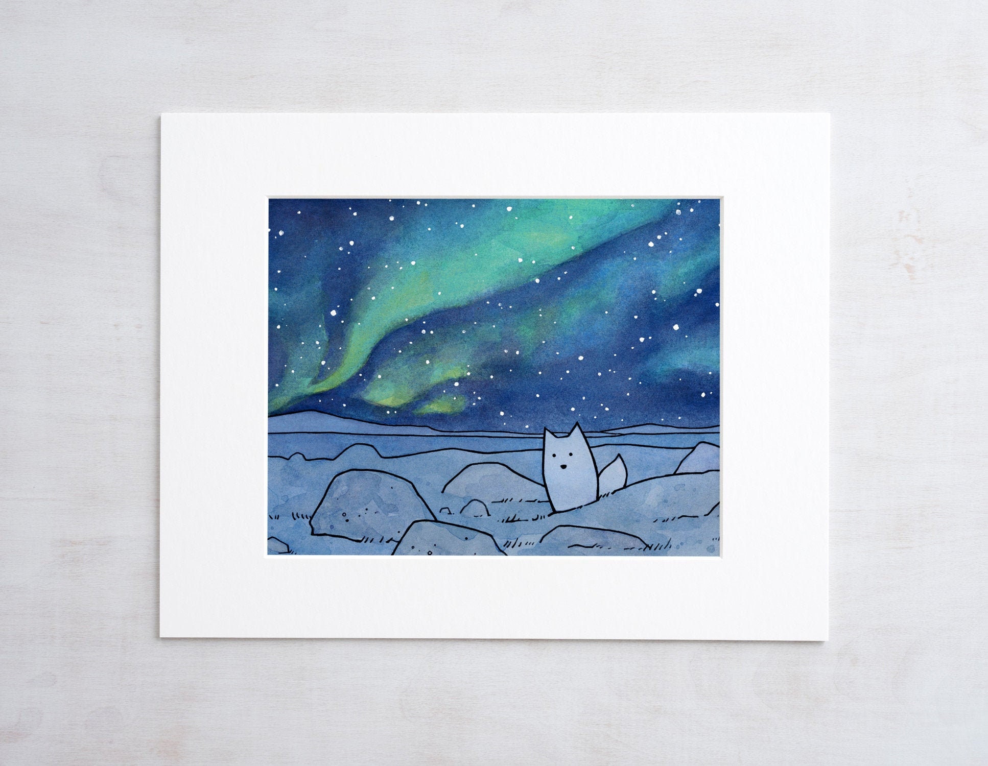 Northern Lights Arctic Fox Art Print, Watercolor Illustration, Kids ...