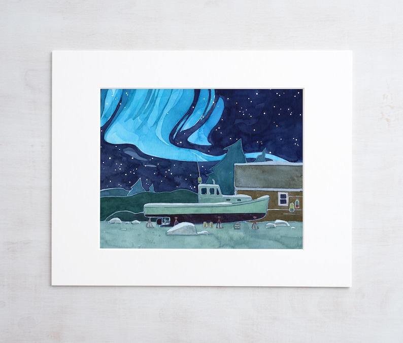 Nautical Watercolor Print Boat and Northern Lights Art: Aurora Borealis ...