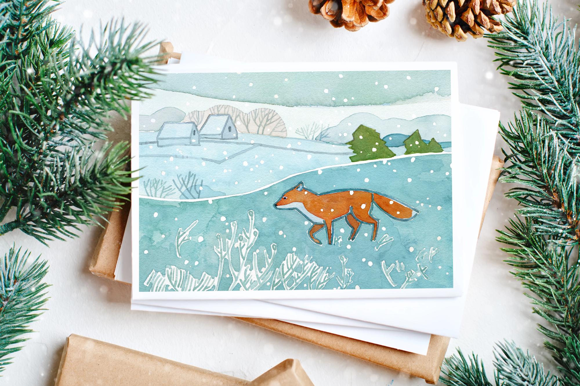 Fox Winter Landscape Christmas Card - Etsy