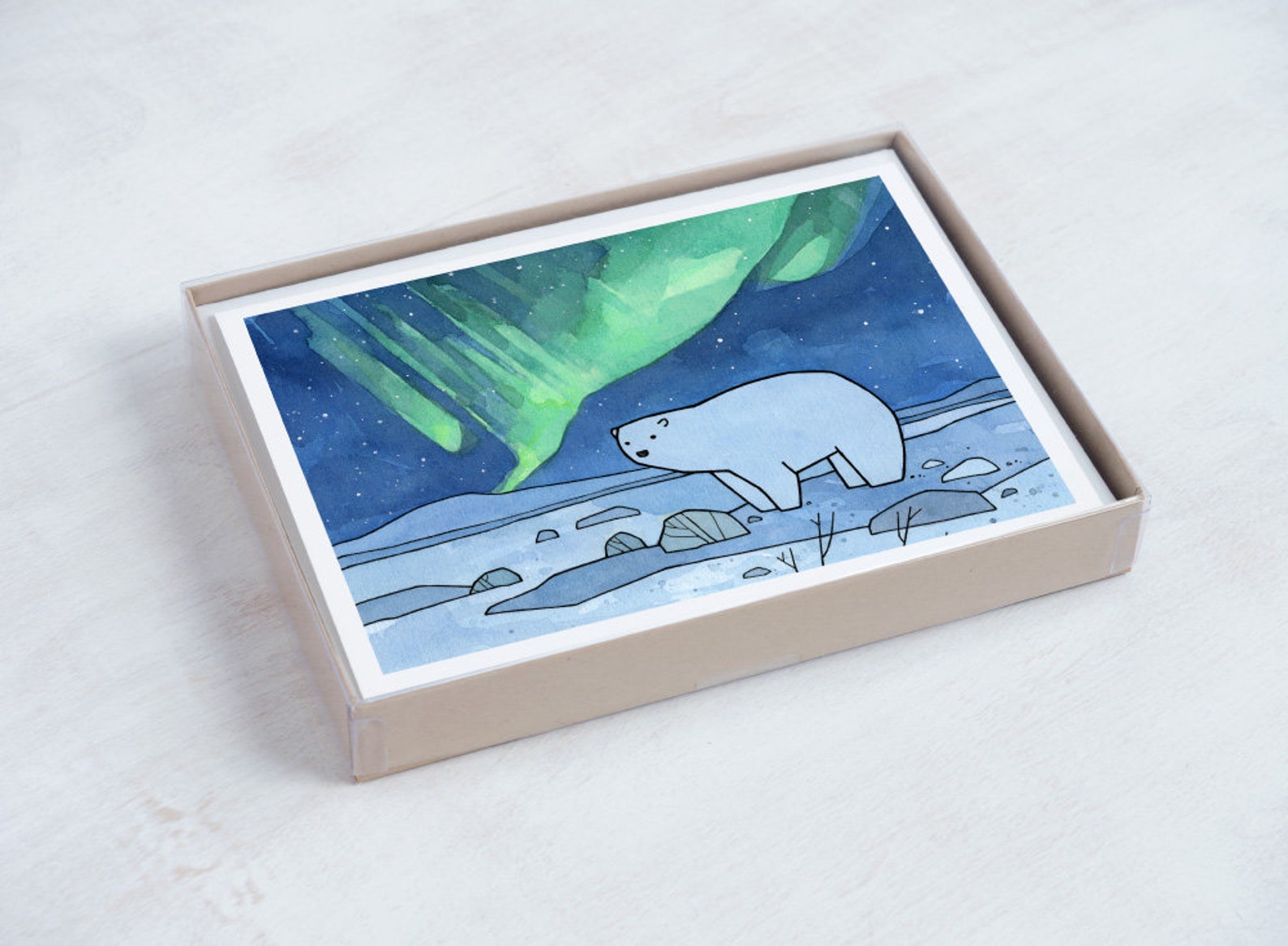 Polar Bear and Northern Lights Card Set Christmas Holiday Stationery - Etsy