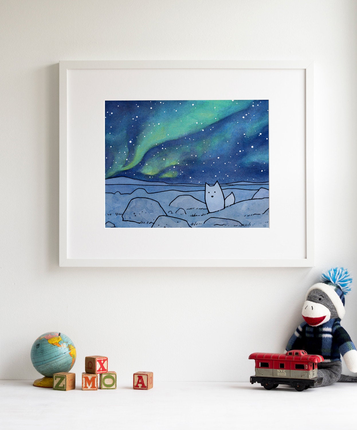 Northern Lights Arctic Fox Art Print, Watercolor Illustration, Kids ...