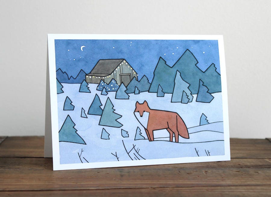 Red Fox Christmas Cards Christmas Trees Illustrated Holiday Card Set - Etsy