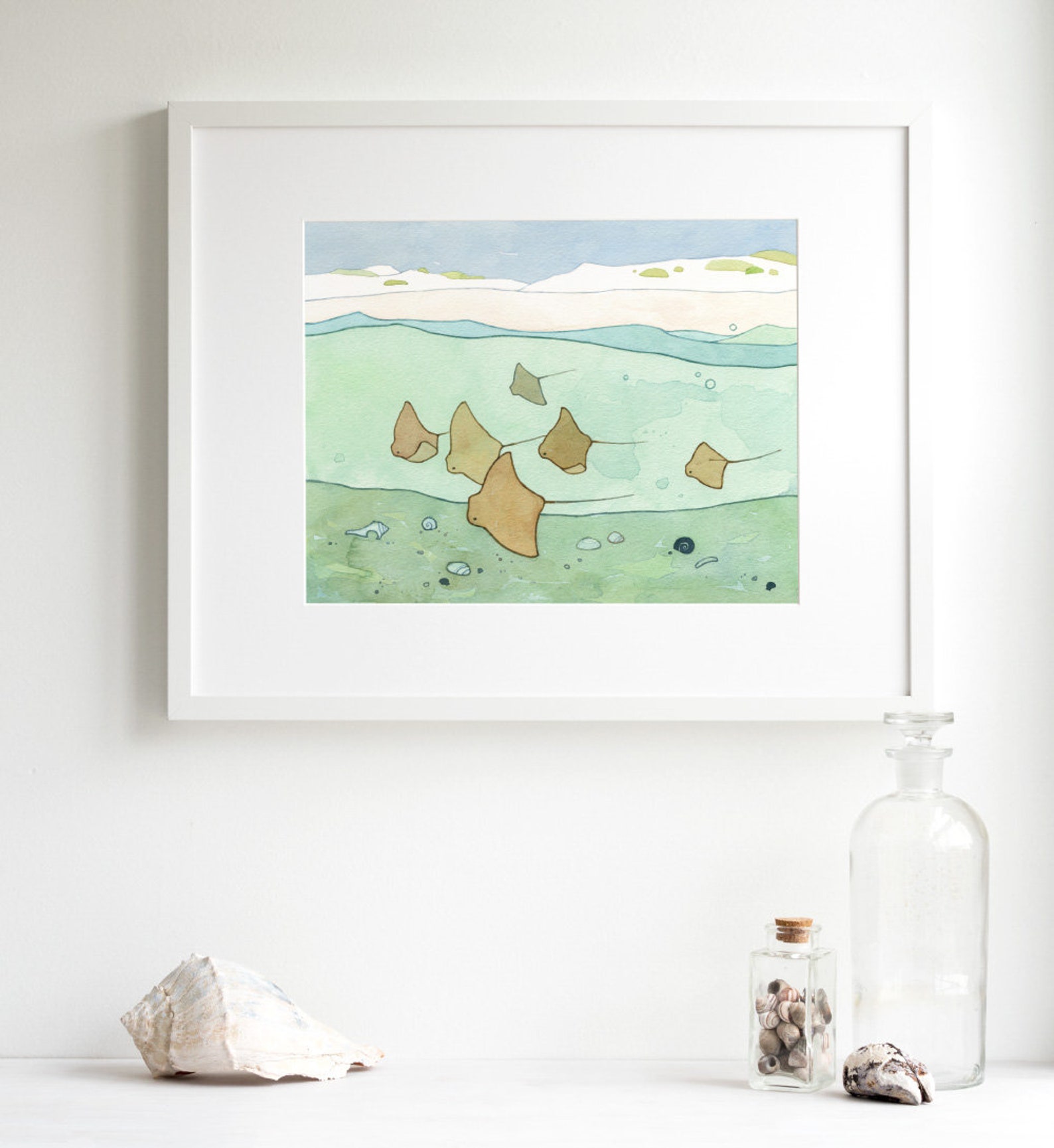 Stingrays Art Print Cownose Rays Watercolor Beach Print, Nautical Decor ...