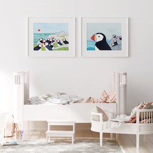 Puffin Colony Art Print Whimsical Bird Illustration Wall Decor Puffin ...