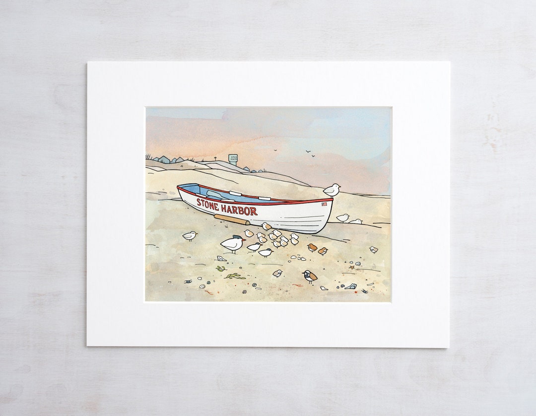Stone Harbor Boat Beach Shorebirds and Sandpipers Illustration Print ...