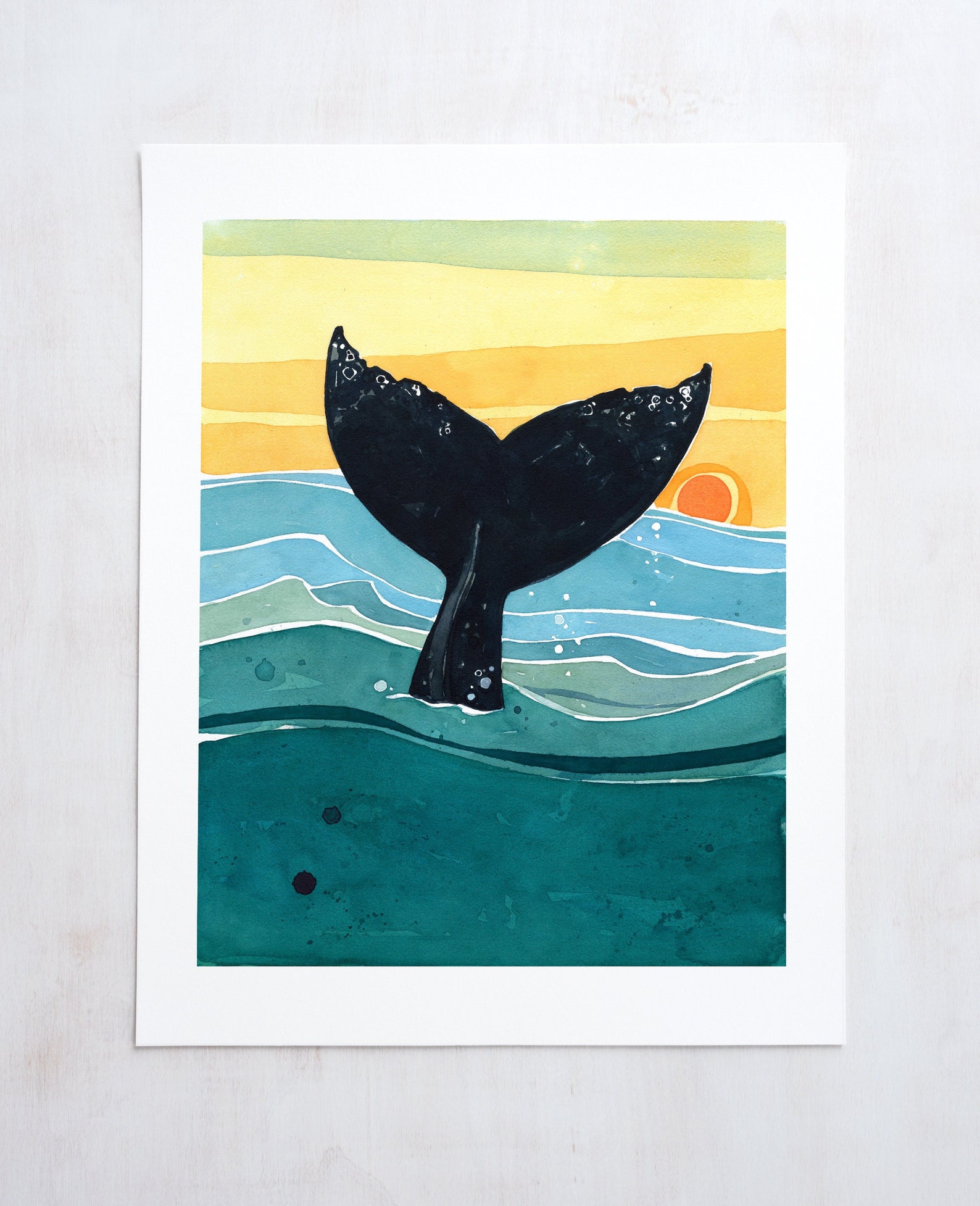 Whale Tail Sunset Art Print Nautical Ocean Watercolor Art - Etsy