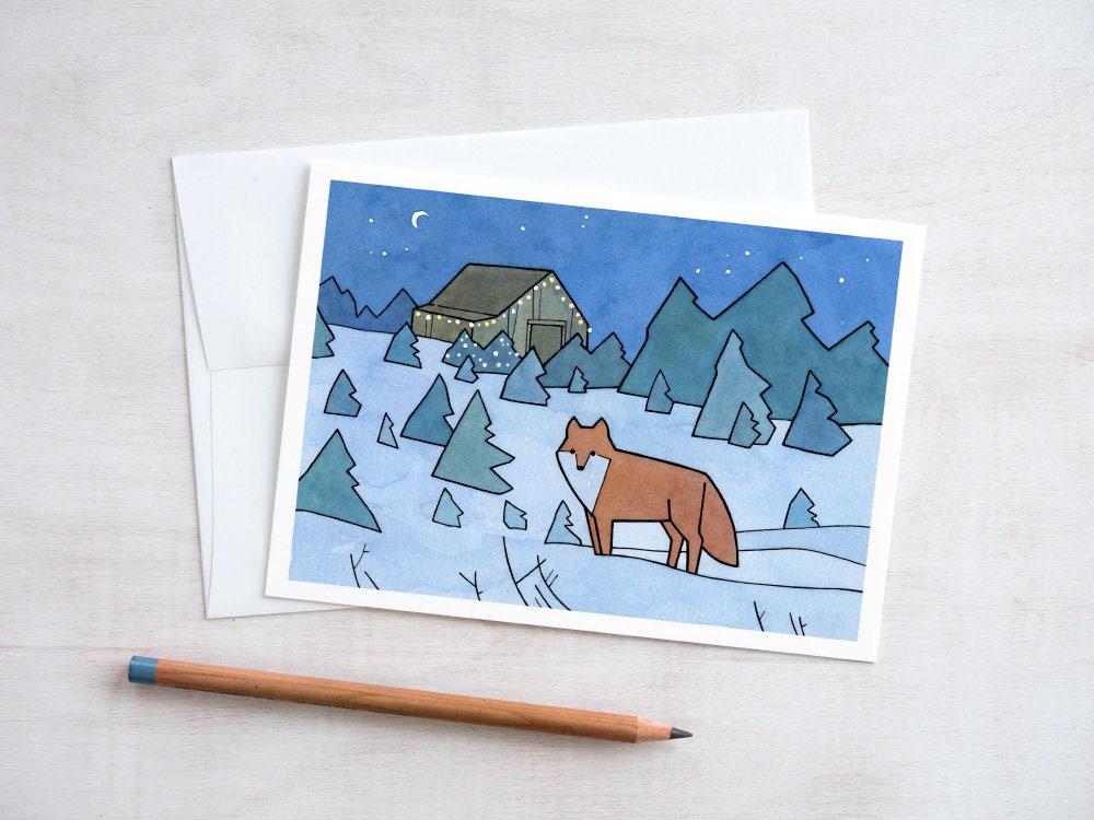 Red Fox Christmas Cards Christmas Trees Illustrated Holiday Card Set - Etsy
