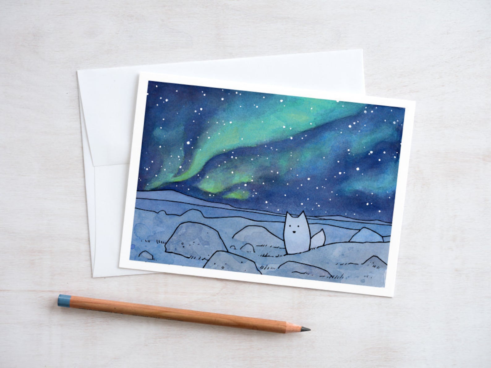 Northern Lights Card Arctic Fox Christmas Holiday Card - Etsy Canada