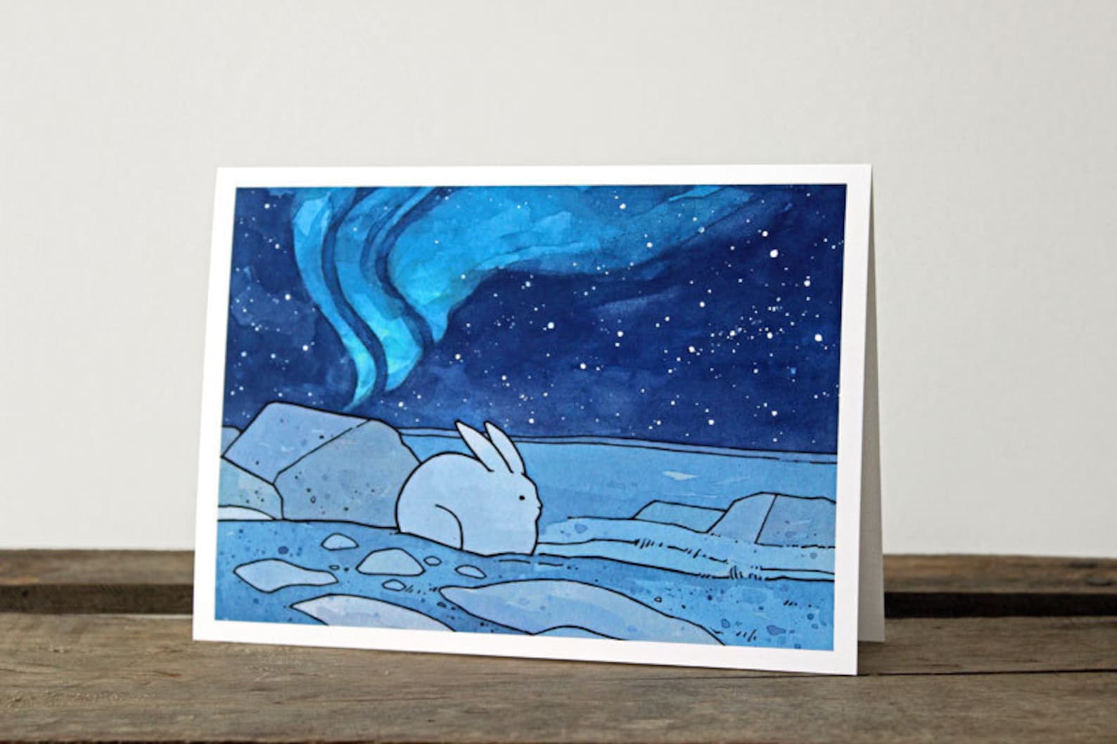 Christmas Cards Snowshoe Hare and Northern Lights Holiday Card | Etsy