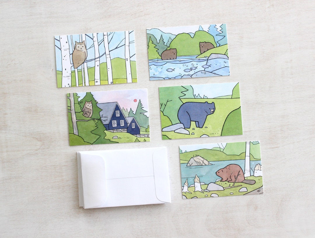 Small Gift Note Cards Summer Woodland Animals Set Mini Art Blank Tags ...