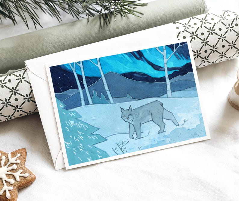 Lynx and Northern Lights Card Illustrated Holiday Card - Etsy