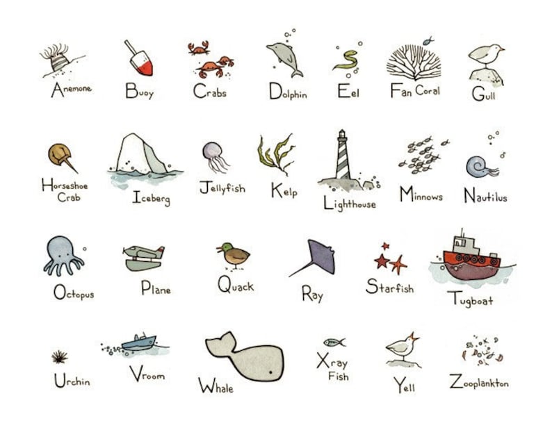Ocean Alphabet Illustrated Print Nautical ABC Art Print Nursery Decor ...