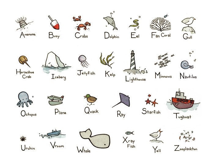 Ocean Alphabet Illustrated Print Nautical ABC Art Print Nursery Decor ...