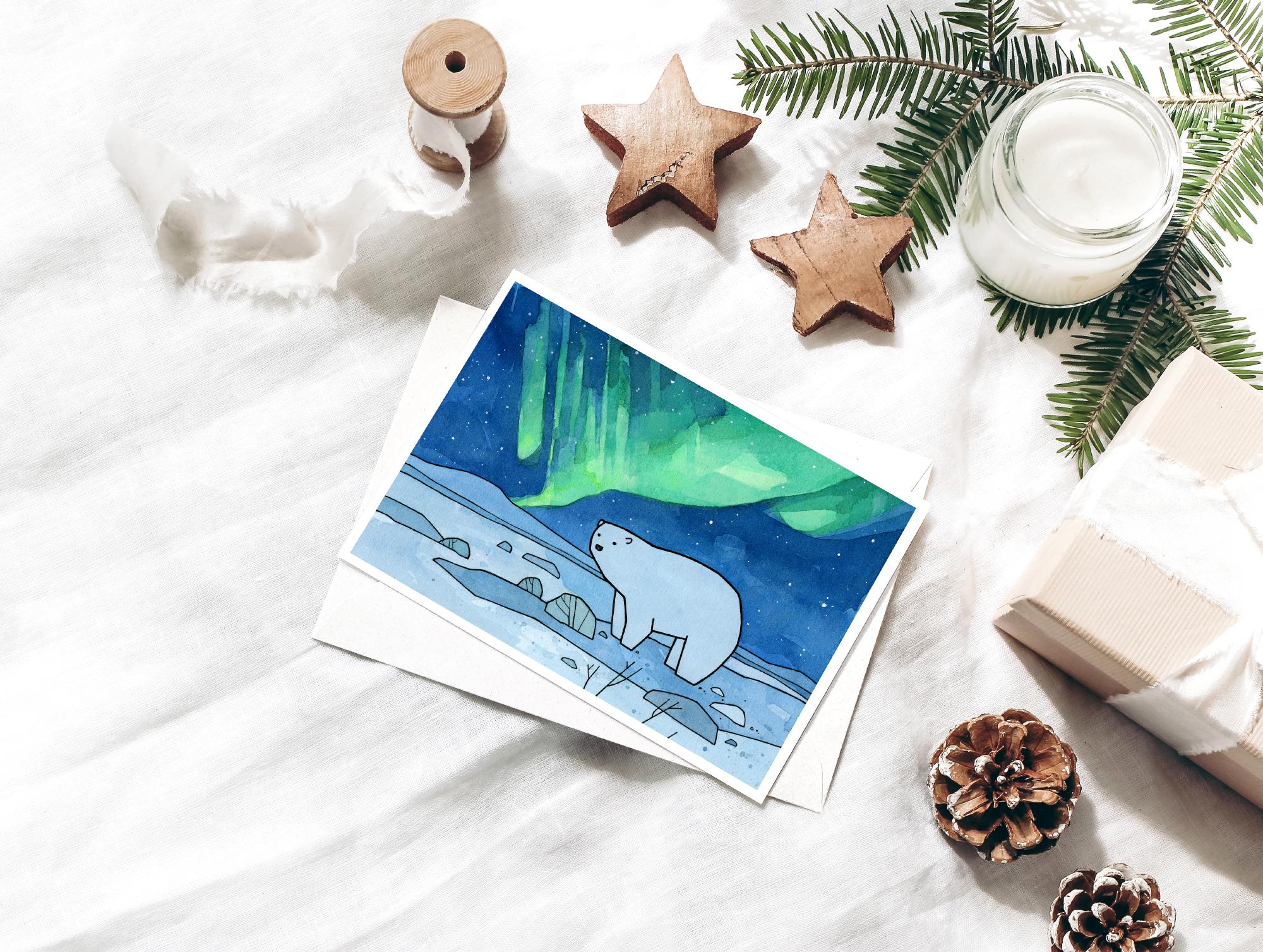 Polar Bear and Northern Lights Card Set Christmas Holiday Stationery - Etsy