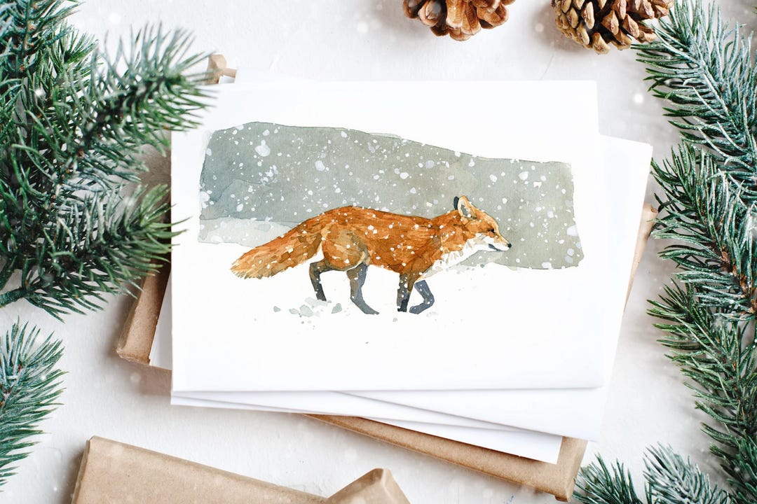 Red Fox Winter Holiday Card Rustic Christmas Note Card - Etsy