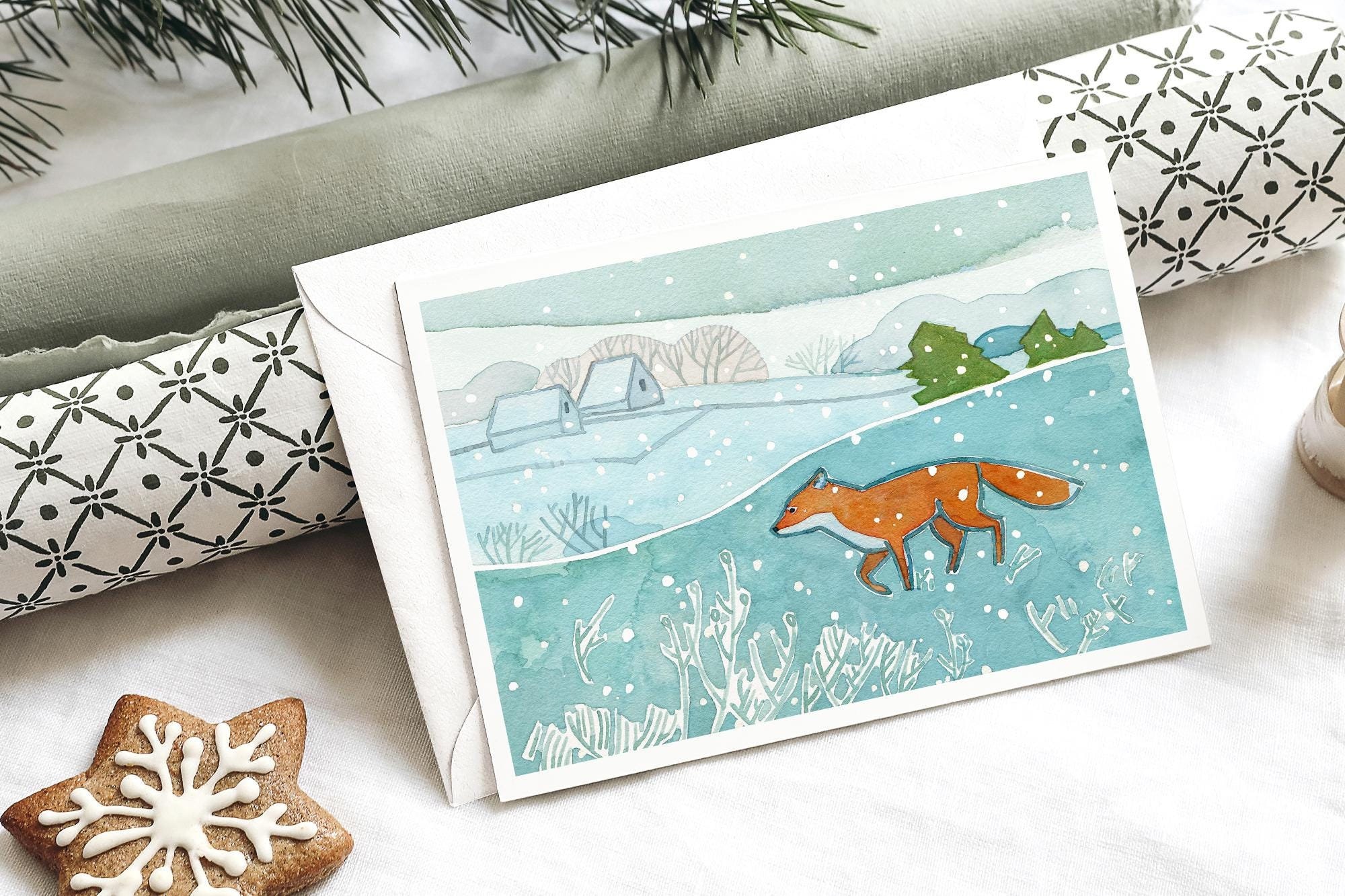 Fox Winter Landscape Christmas Card - Etsy
