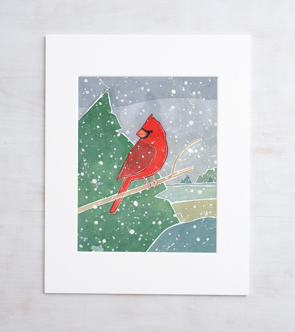 Red Cardinal Snow Art Print Winter Landscape Watercolor Bird Painting ...